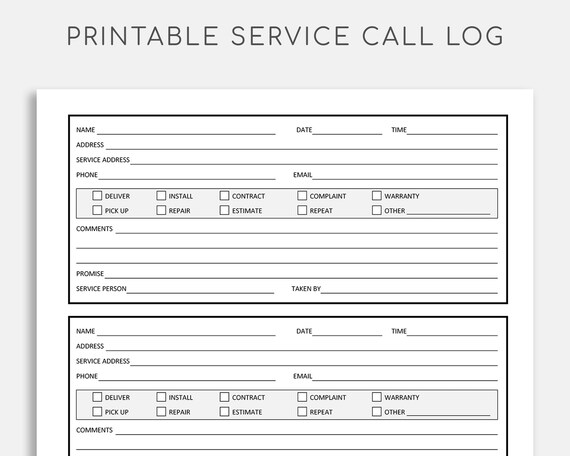 Service Call Log. Printable Service Tracker. Maintenance Call - Etsy