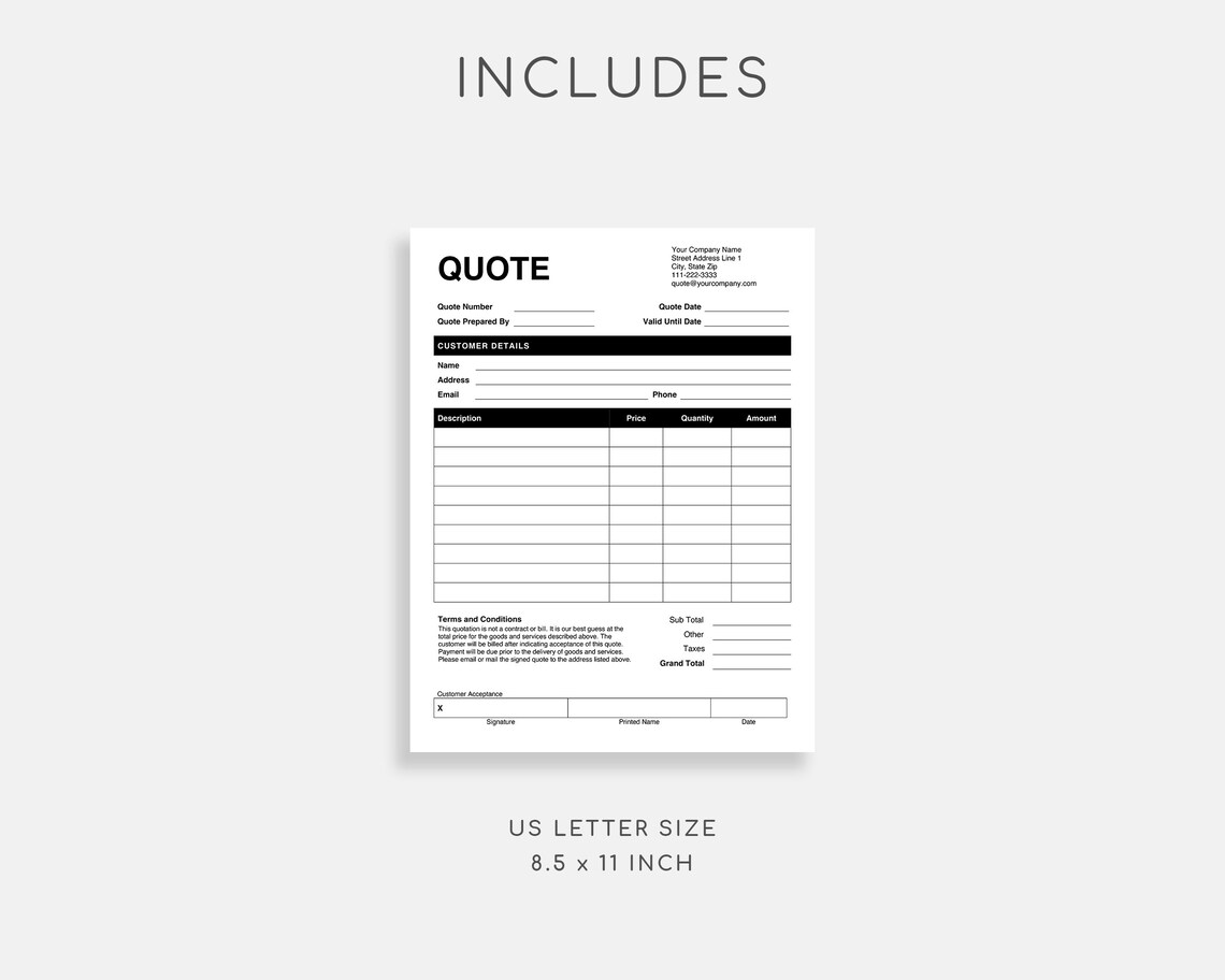 Quote Template. Pdf/google Docs/microsoft Word. Quote Form. - Etsy