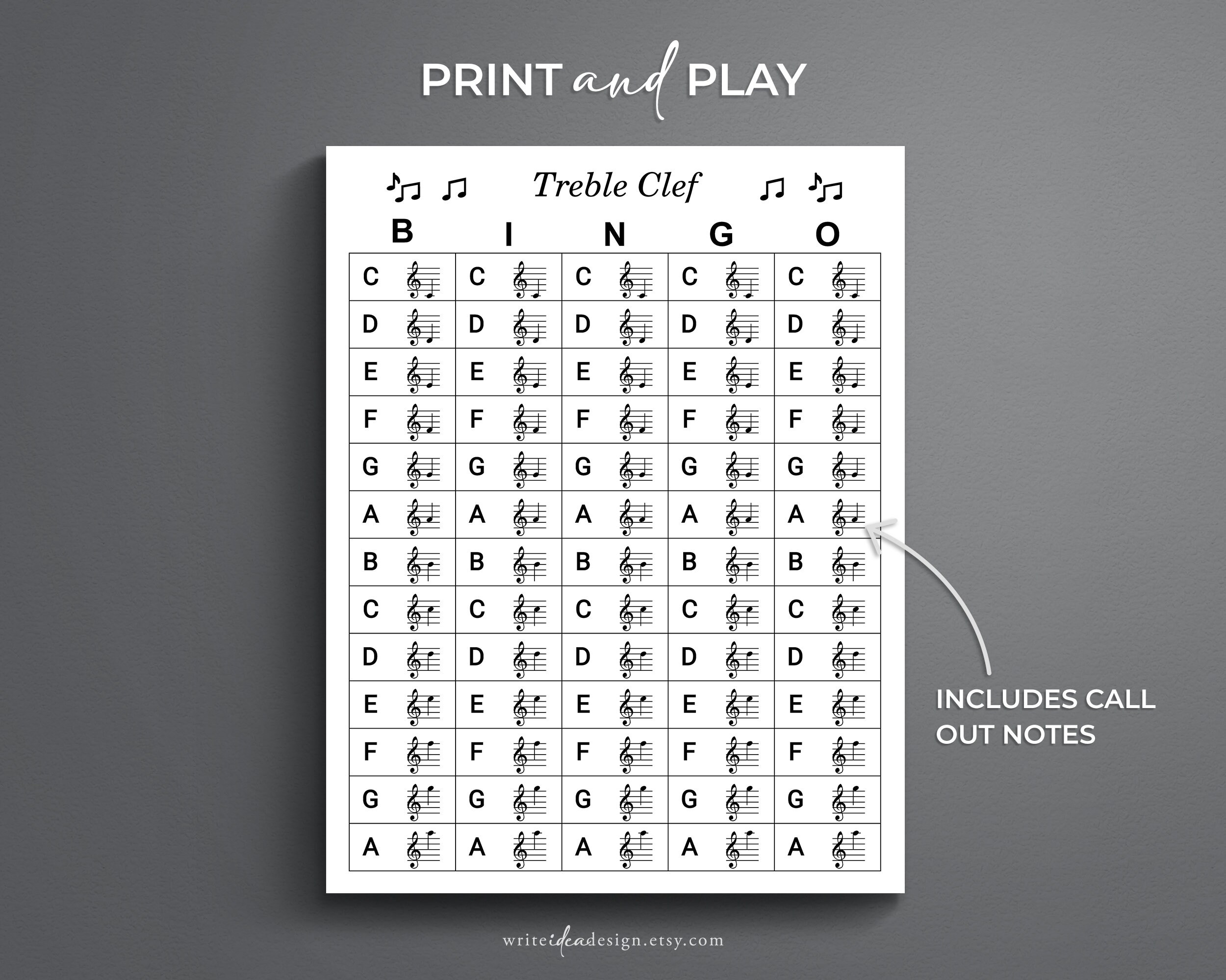 Treble Clef Bingo Game: Music Education Printable (PDF) - Etsy