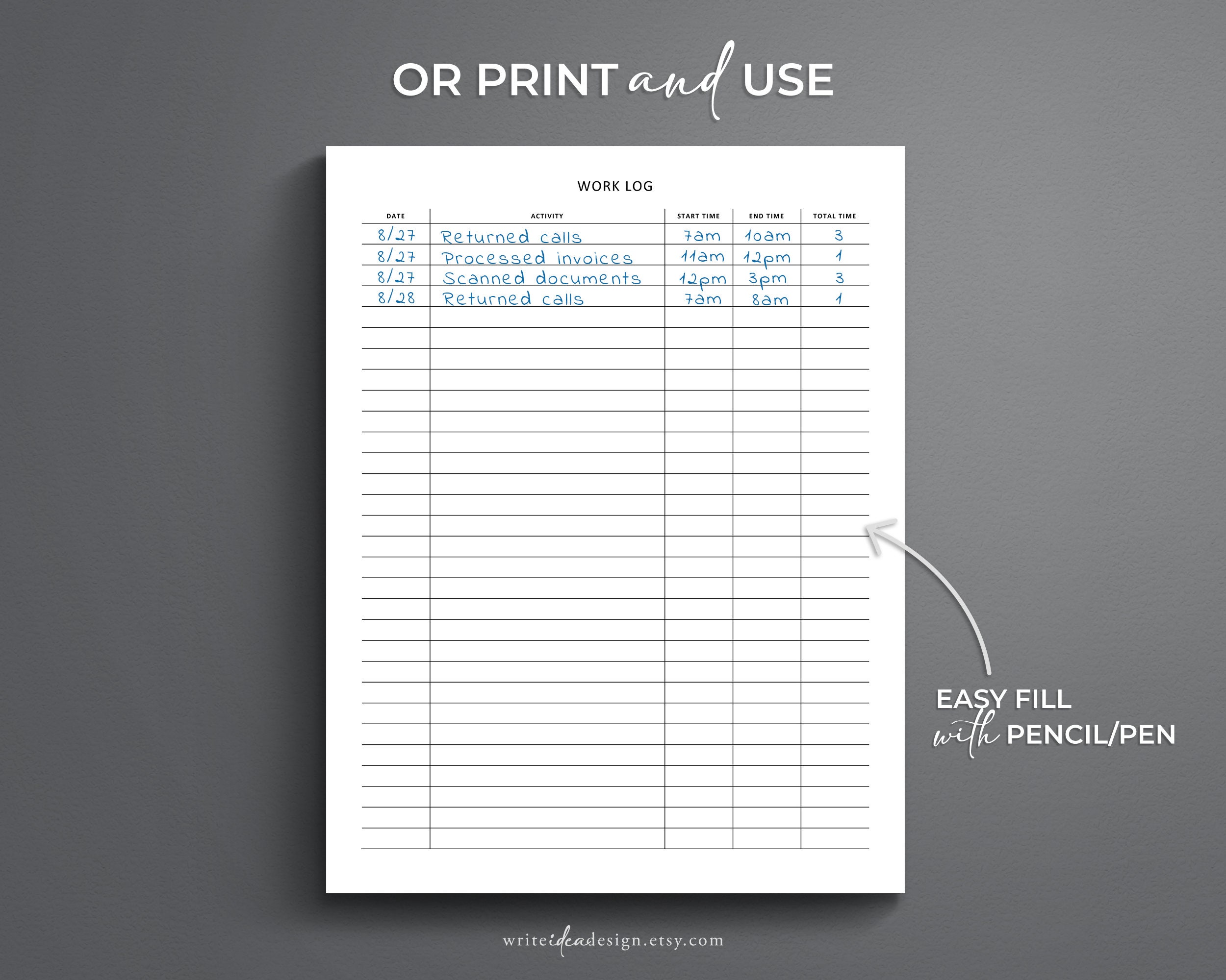 Work Log Printable. Time Log. Time Tracker. Working Hours Log. - Etsy