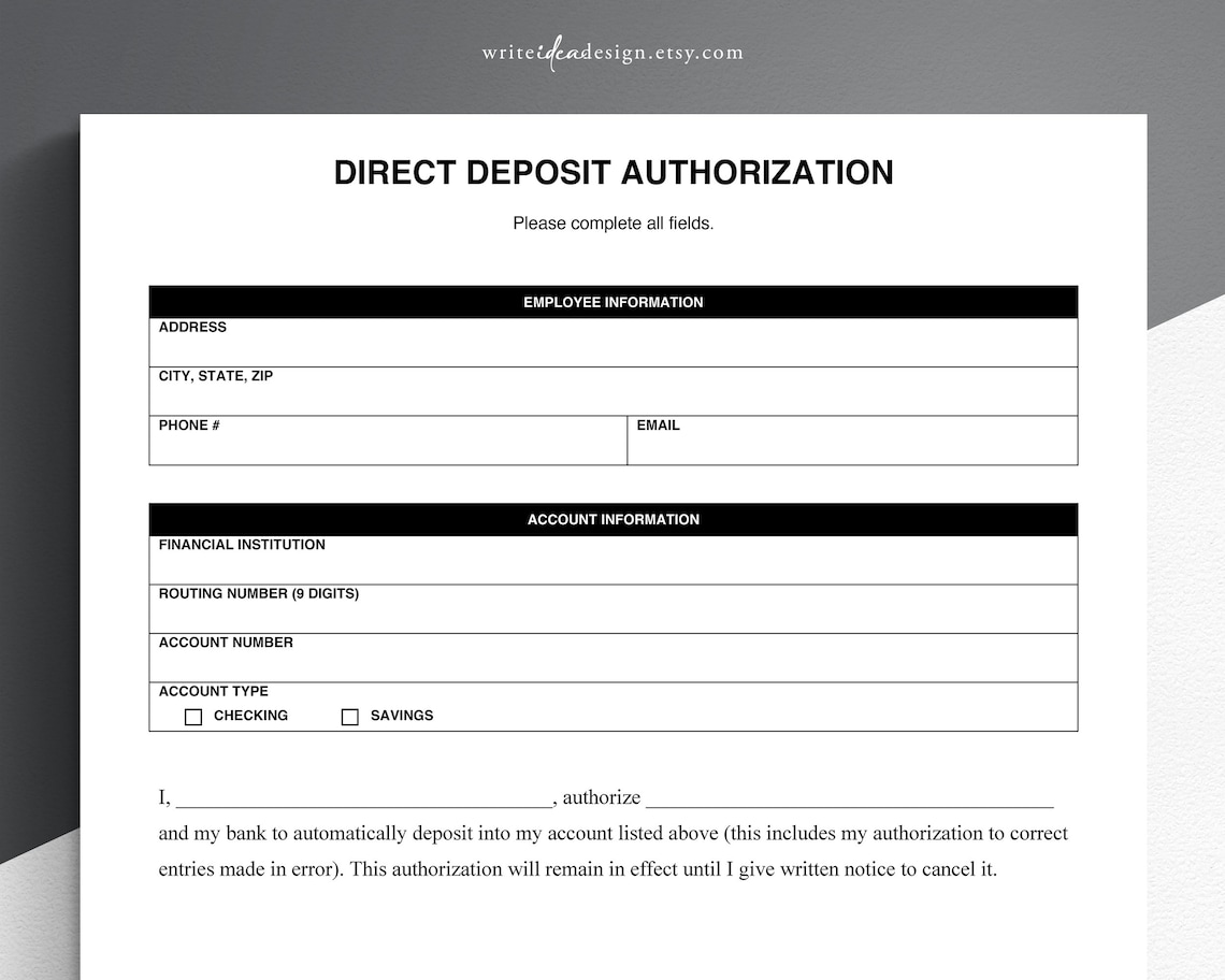 Direct Deposit Authorization. Google Docs/word/adobe PDF. - Etsy