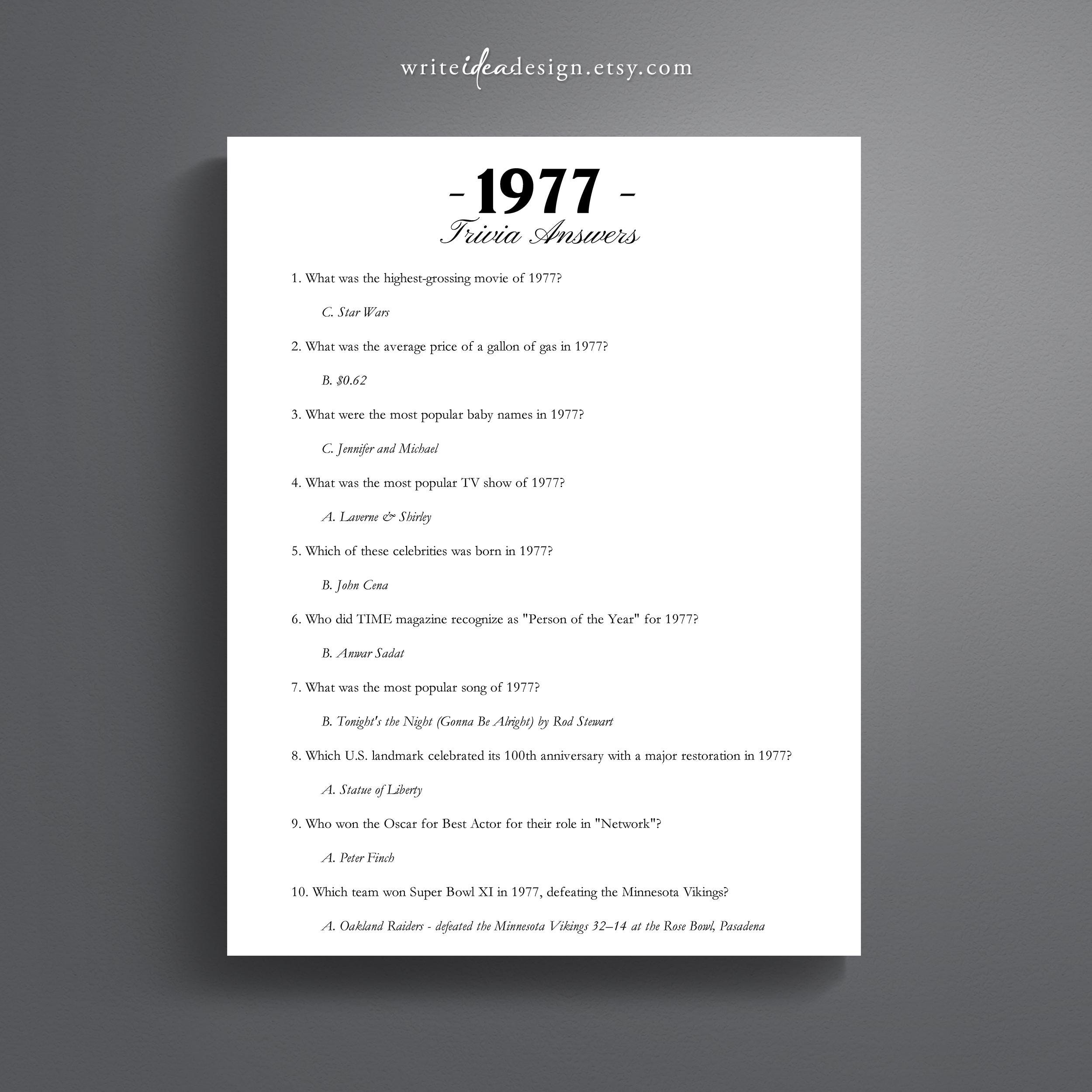 1977 Trivia Game: Retro 70s Party Quiz (printable PDF) - Etsy