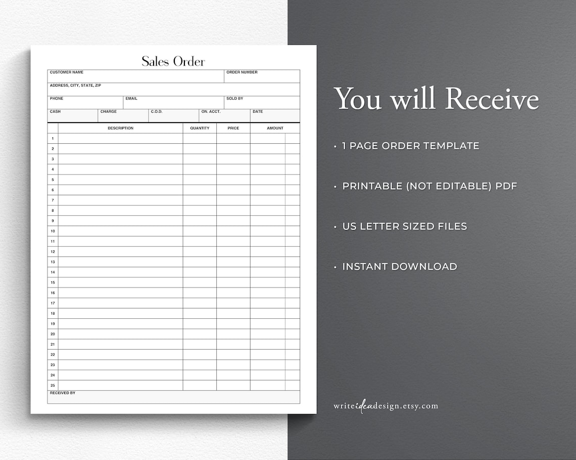 Printable Order Template. Order Form. Sales Order Template. - Etsy