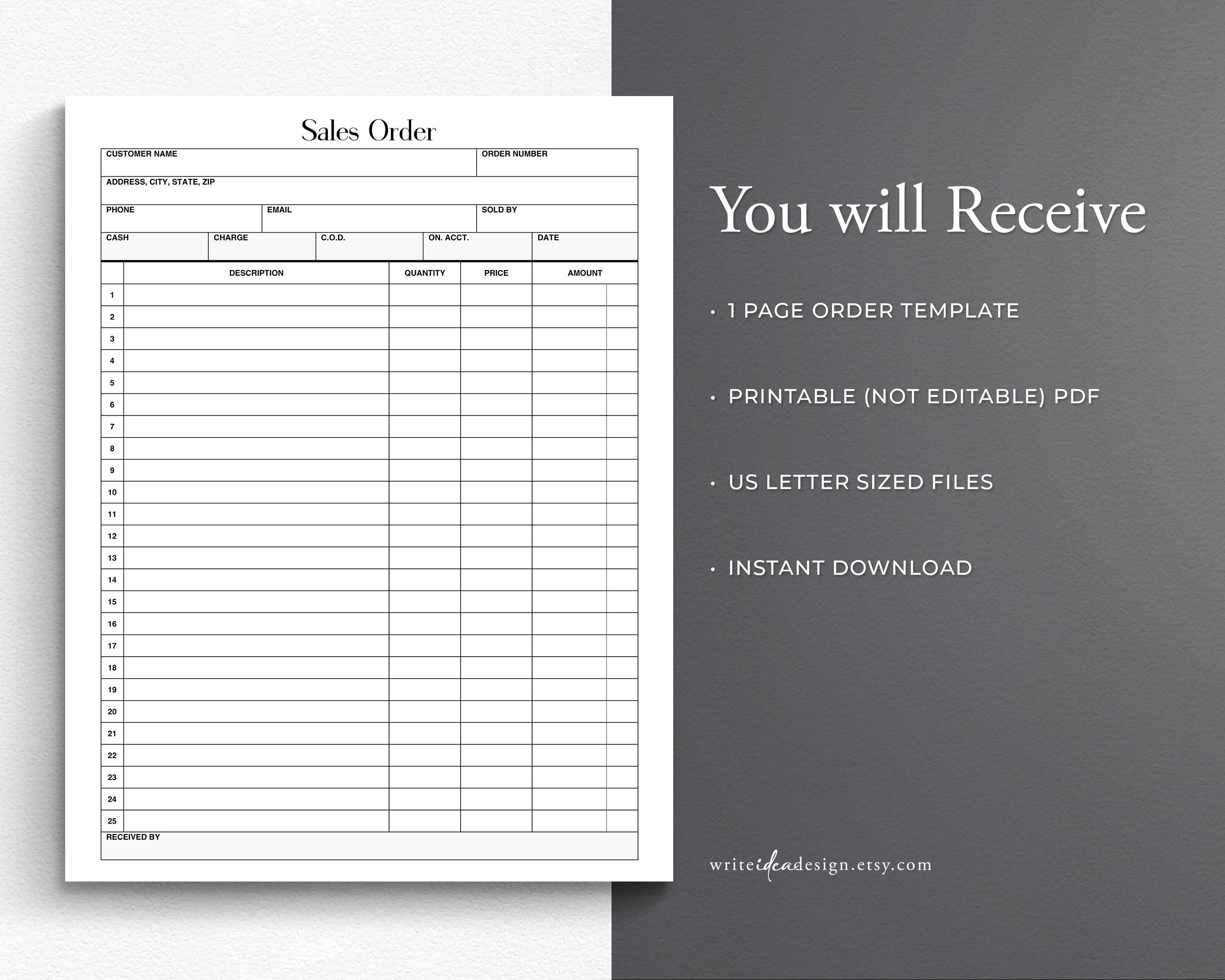 Printable Order Template. Order Form. Sales Order Template. - Etsy Printable Order Template. Order Form. Sales Order Template. - Etsy