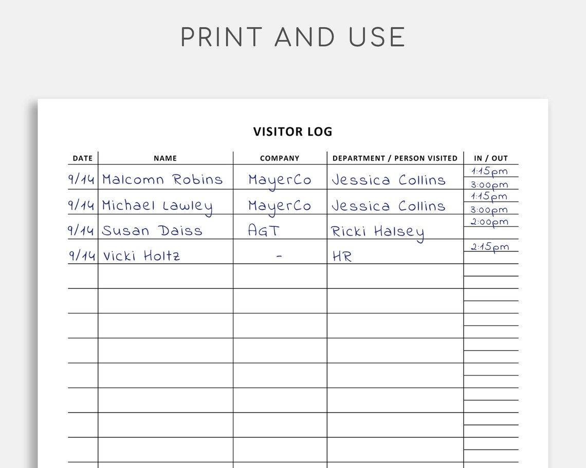 Printable Visitor Log. Visitor Sign in / Sign Out Sheet. - Etsy