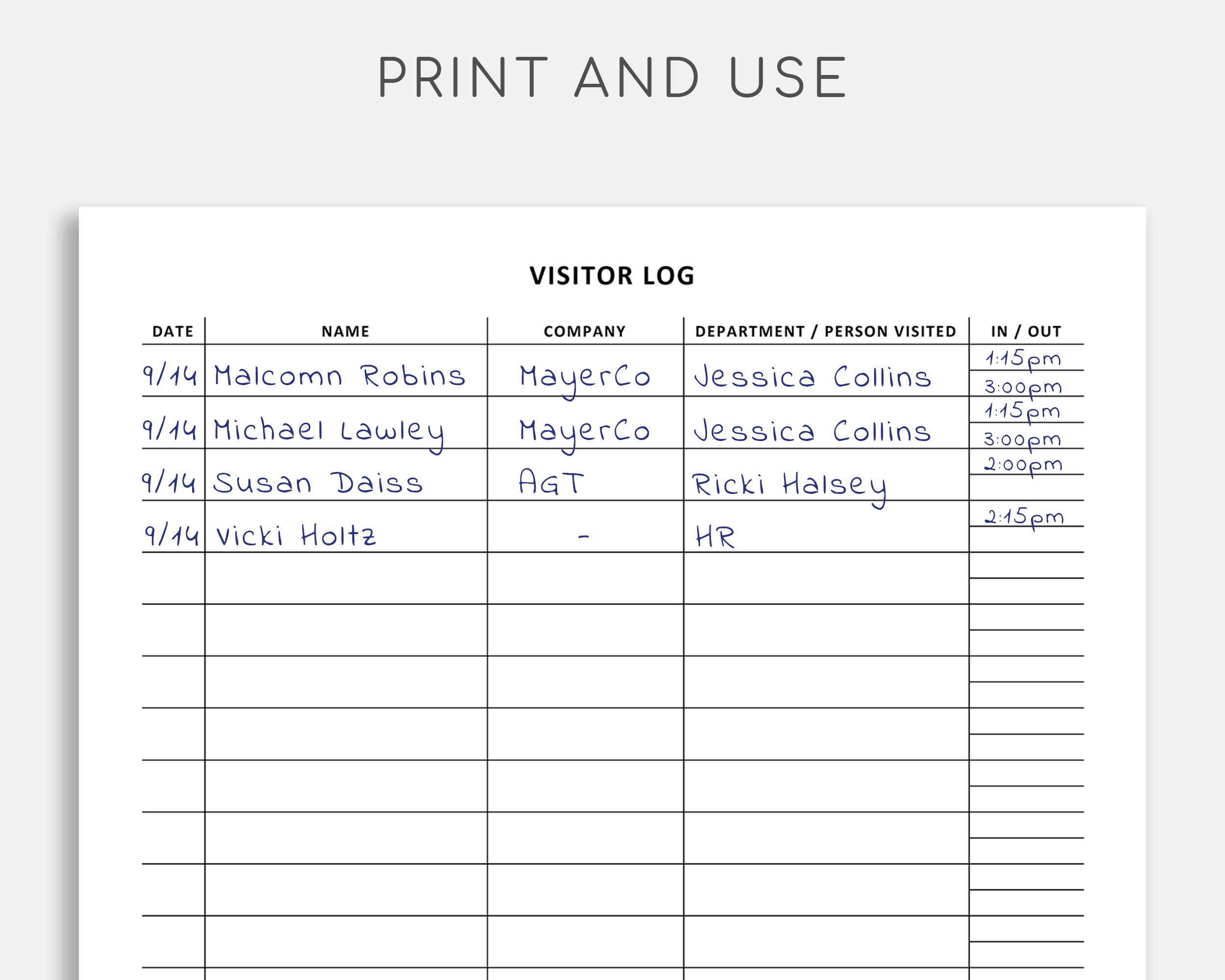 Printable Visitor Log. Visitor Sign in / Sign Out Sheet. - Etsy