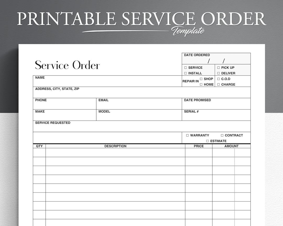 Printable Service Order Form: Business Template (8.5x11 Inch PDF) - Etsy