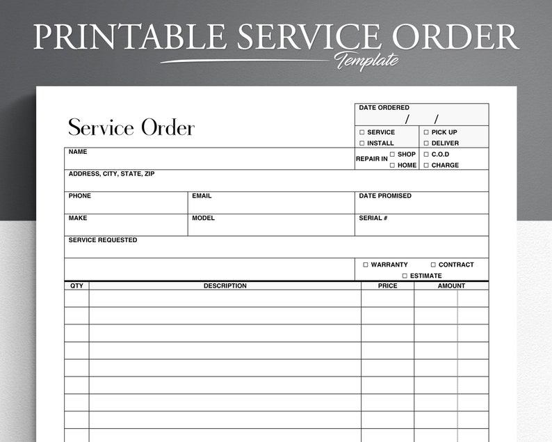 Printable Service Order Form: Business Template (8.5x11 Inch PDF) - Etsy