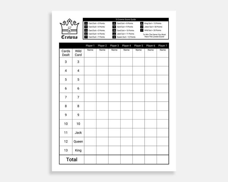 5 Crowns Score Card 5 Crowns Printable Score Card 5 Crowns Etsy