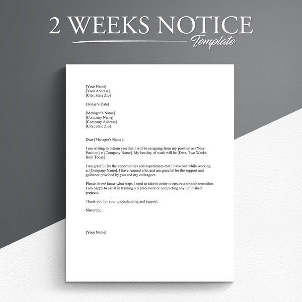 Two Week Notice Letter Template - Etsy