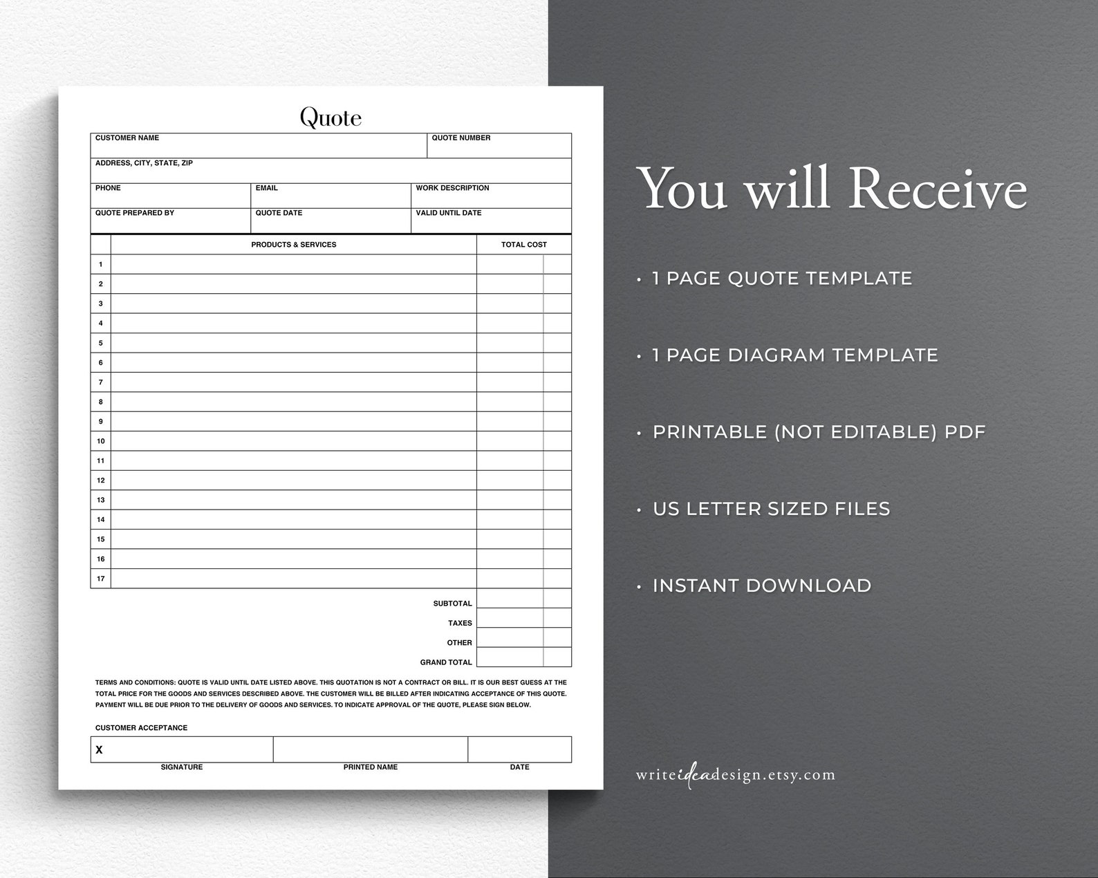 Printable Quote Template. Quote Form. Job Proposal Template. - Etsy