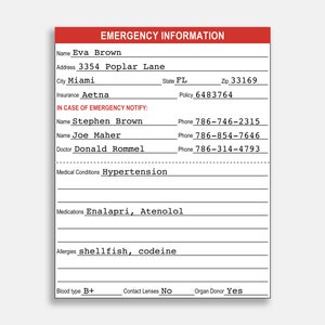 Printable Emergency Information Cards. Medical Alert ID. - Etsy