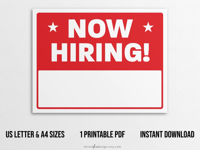 Printable Now Hiring Sign, US Letter and A4 Sizes, PDF Download - Etsy