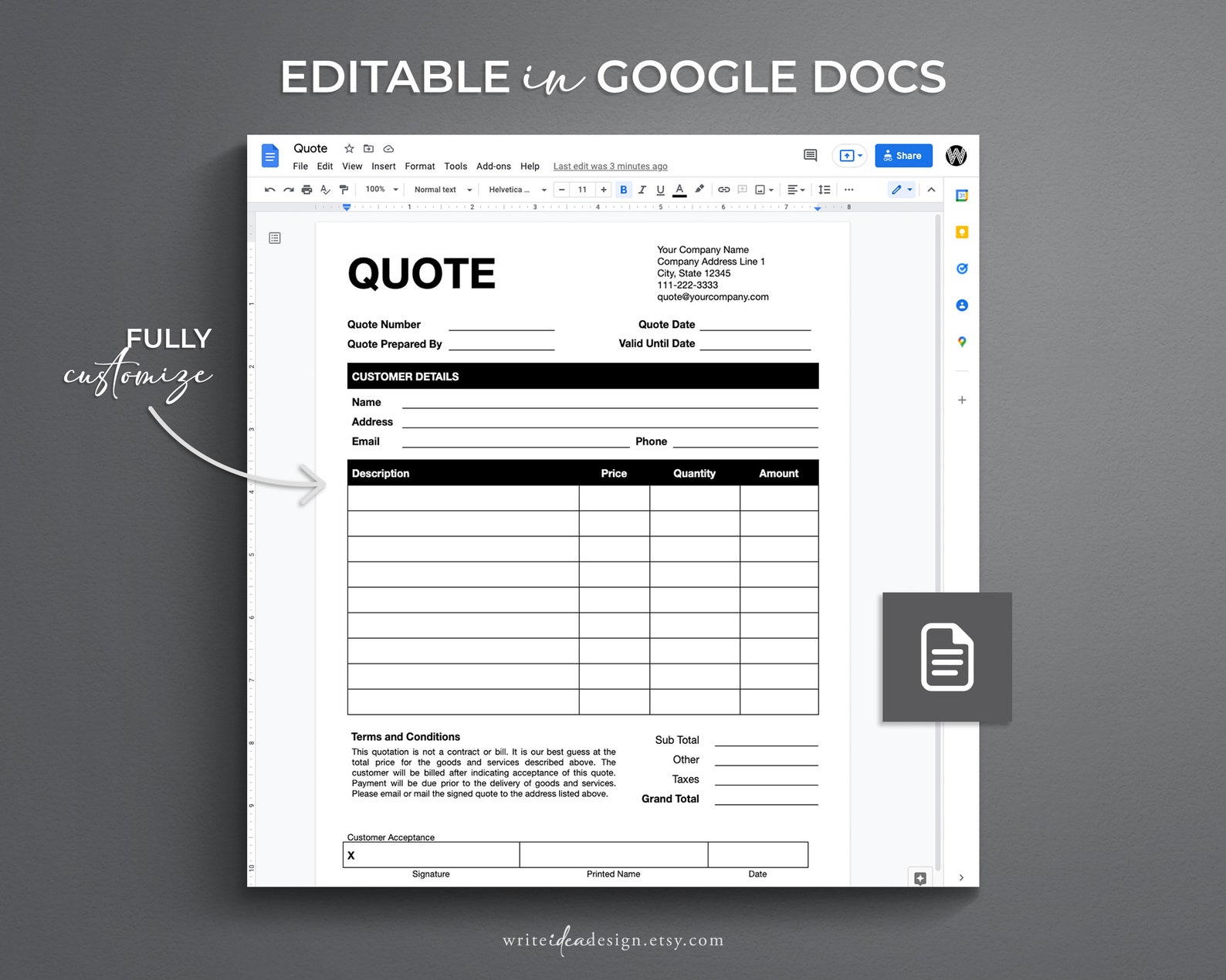 Quote Template. Pdf/google Docs/microsoft Word. Quote Form. Job Quote ...