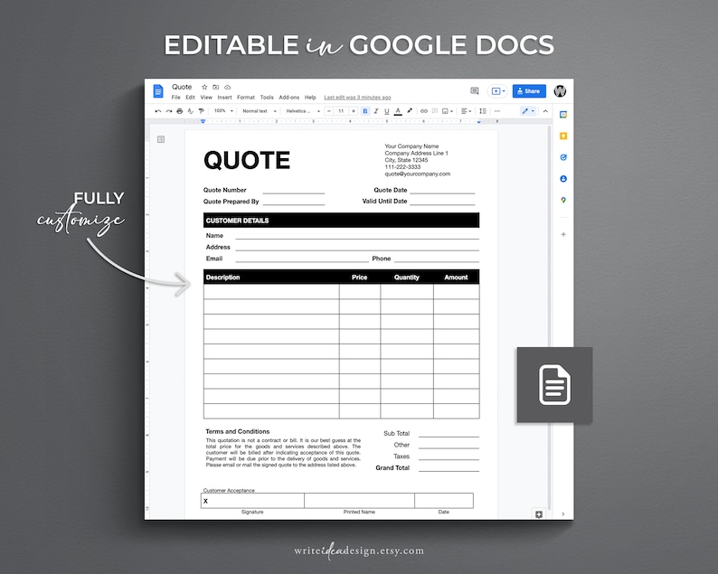 Quote Template. Pdf/google Docs/microsoft Word. Quote Form. - Etsy