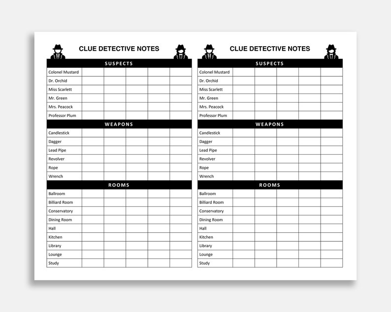 Clue Score Sheet. Printable Clue Score Pad. Clue Board Game - Etsy España