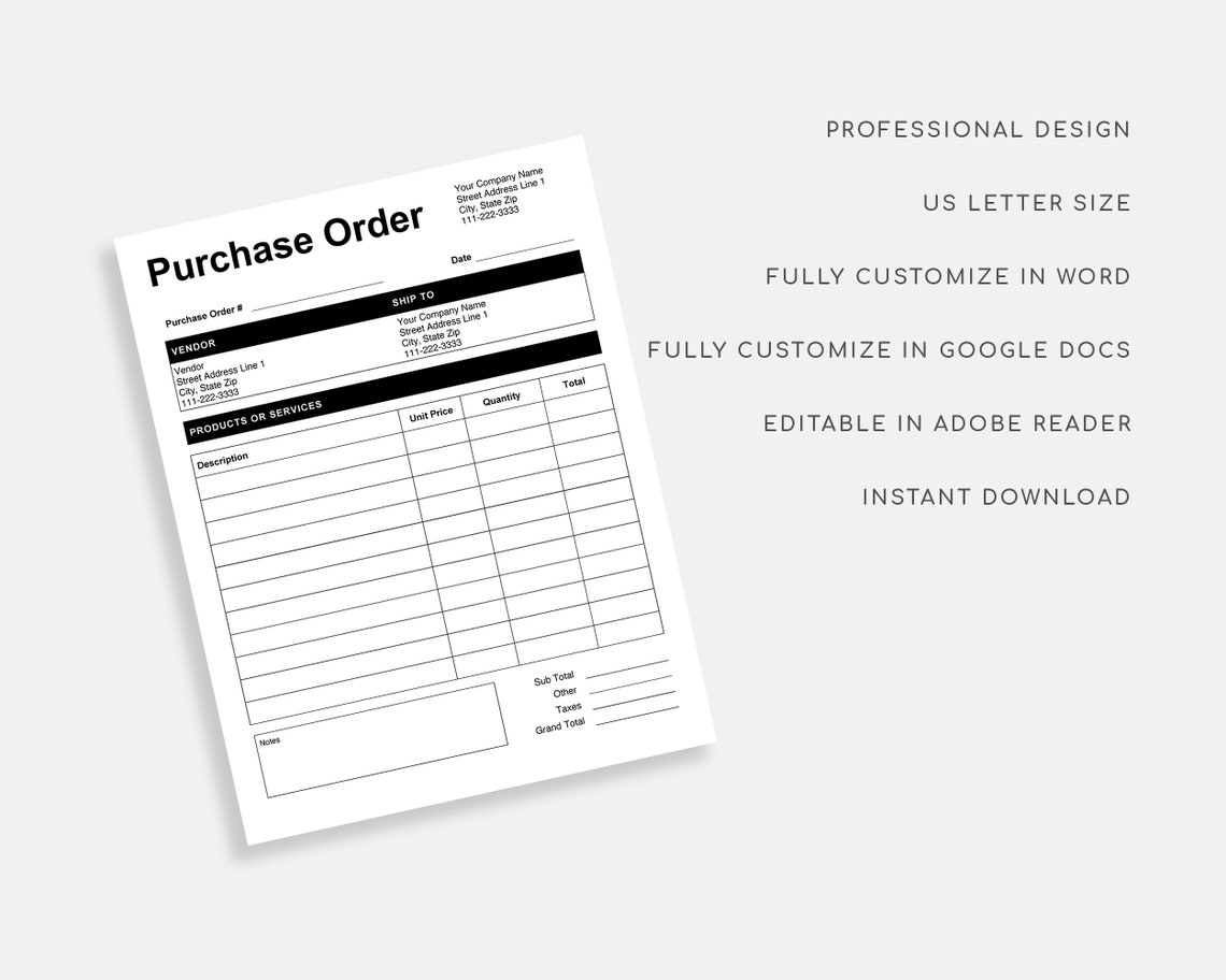 Purchase Order Template. Pdf/google Docs/microsoft Word. - Etsy
