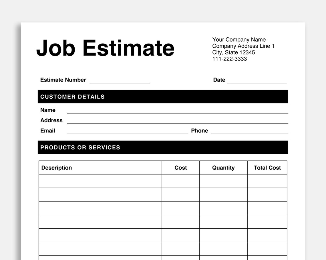 Job Estimate. Pdf/google Docs/microsoft Word. Contractor - Etsy