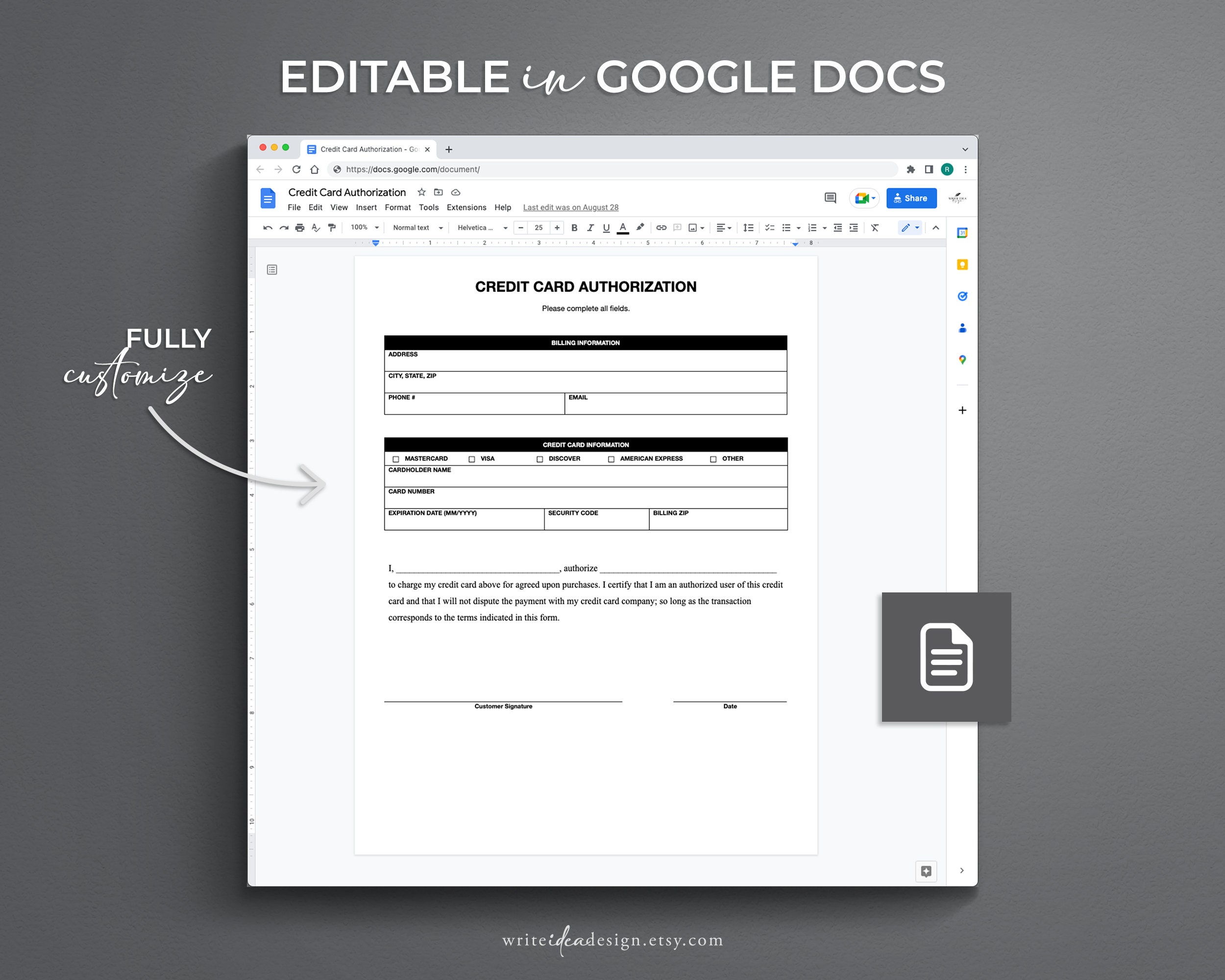 Credit Card Authorization. Pdf/google Docs/word. Credit Card Billing ...