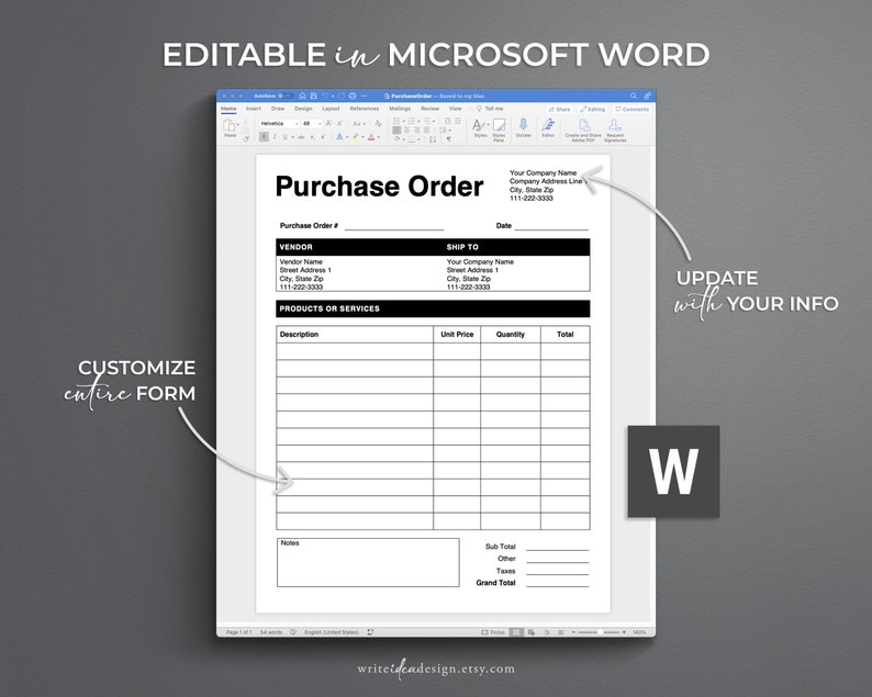 Purchase Order Template. Pdf/google Docs/microsoft Word. - Etsy