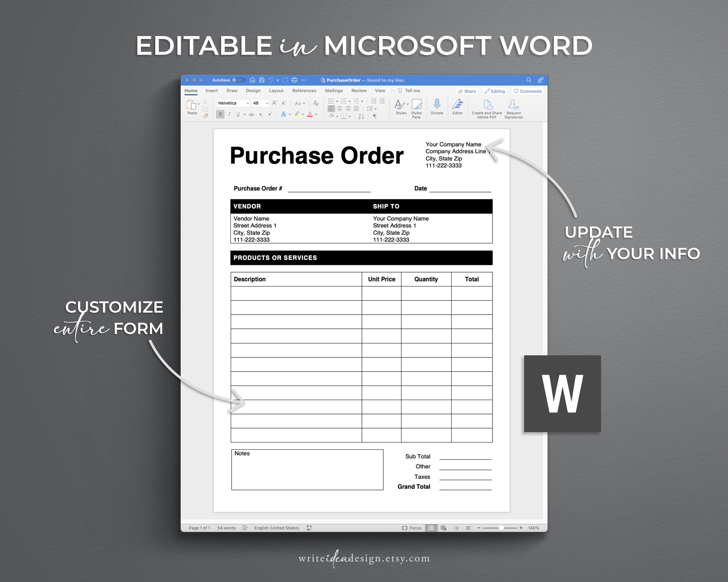 Purchase Order Template. Pdf/google Docs/microsoft Word. Purchase Order ...