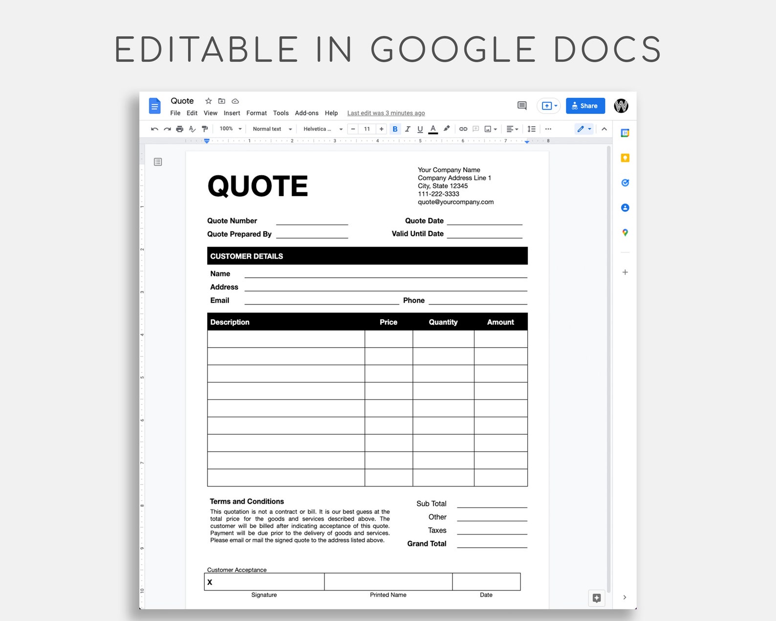 Quote Template. Pdf/google Docs/microsoft Word. Quote Form. | Etsy ...
