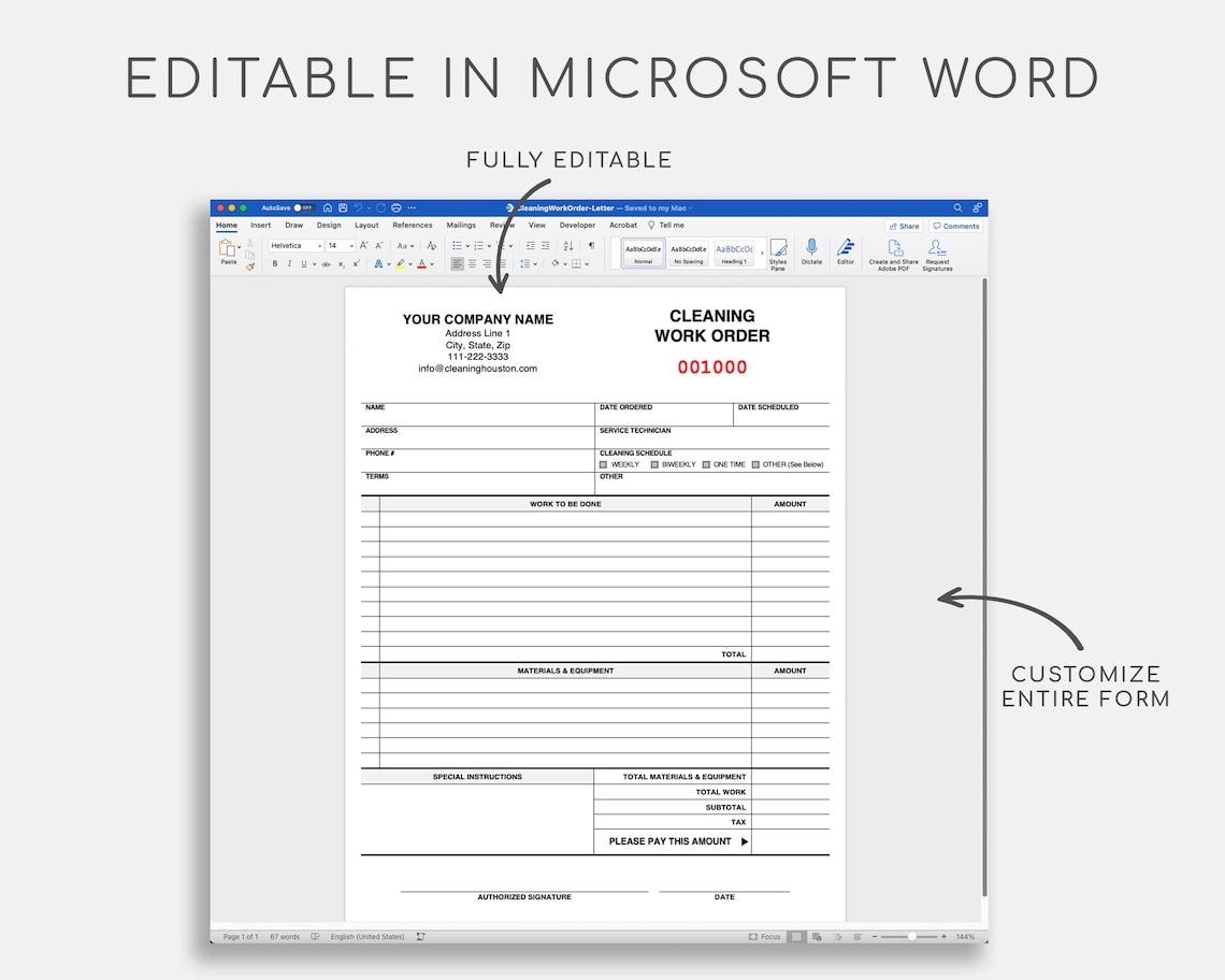 Cleaning Work Order. Pdf/google Docs/microsoft Word. Cleaning - Etsy