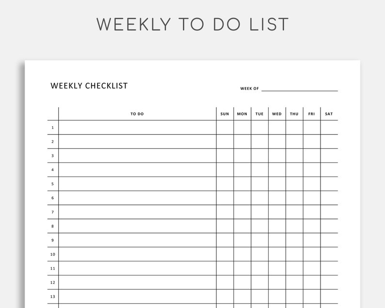 Weekly to Do List. Weekly Checklist Printable. Weekly Planner. - Etsy