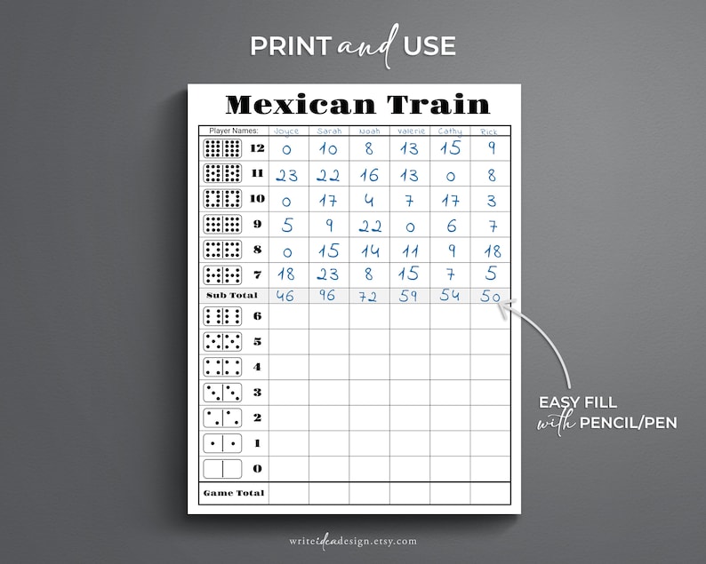 Mexican Train Score Card. Dominos Score Sheet. Mexican Train - Etsy