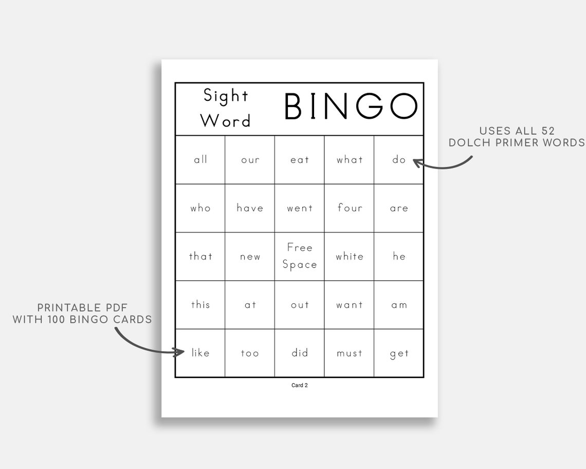 Kindergarten Sight Word Bingo. 100 Sight Word Bingo Cards. | Etsy