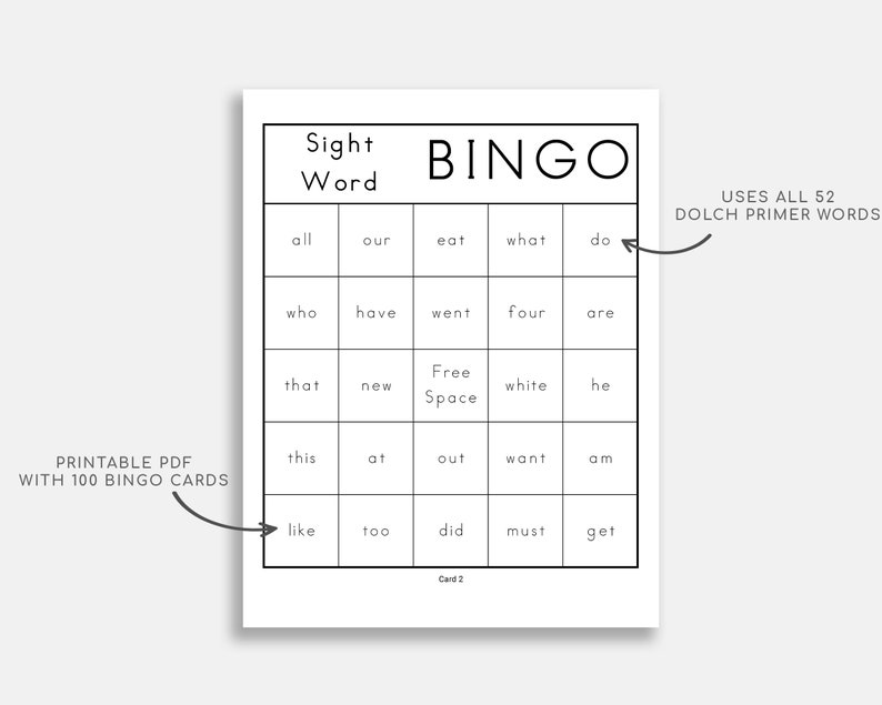 Kindergarten Sight Word Bingo. 100 Sight Word Bingo Cards. | Etsy