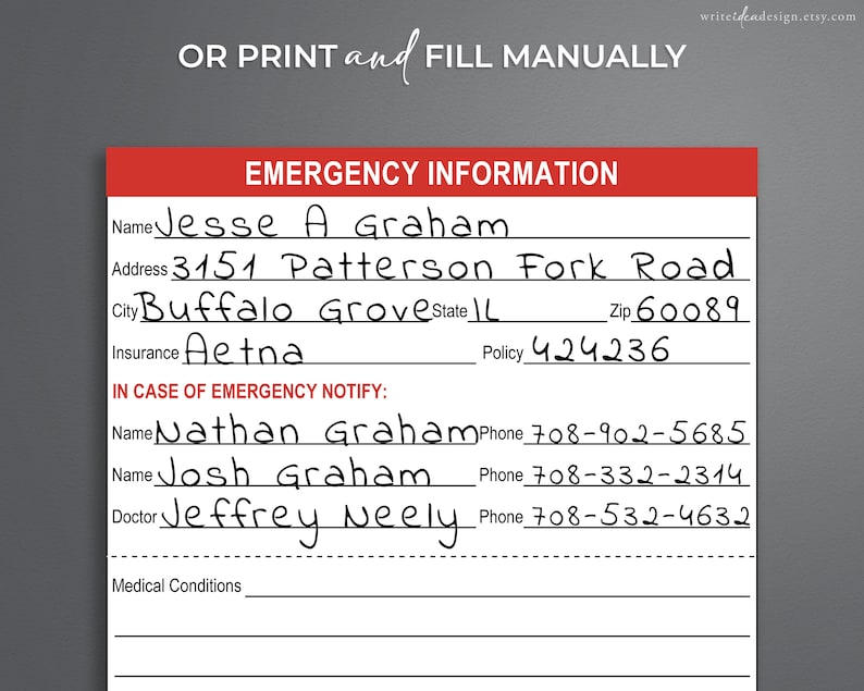 Printable Emergency Information Cards. Medical Alert ID. - Etsy