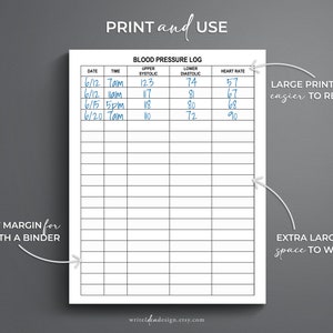 Printable Large Print Blood Pressure Log. Blood Pressure Tracker ...