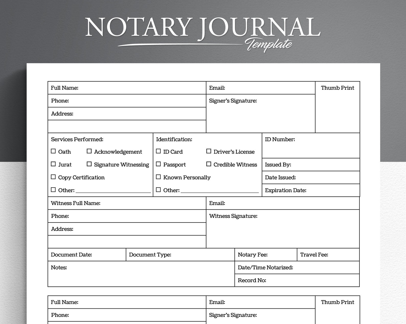Printable Notary Journal, Professional Log Book (PDF) - Etsy