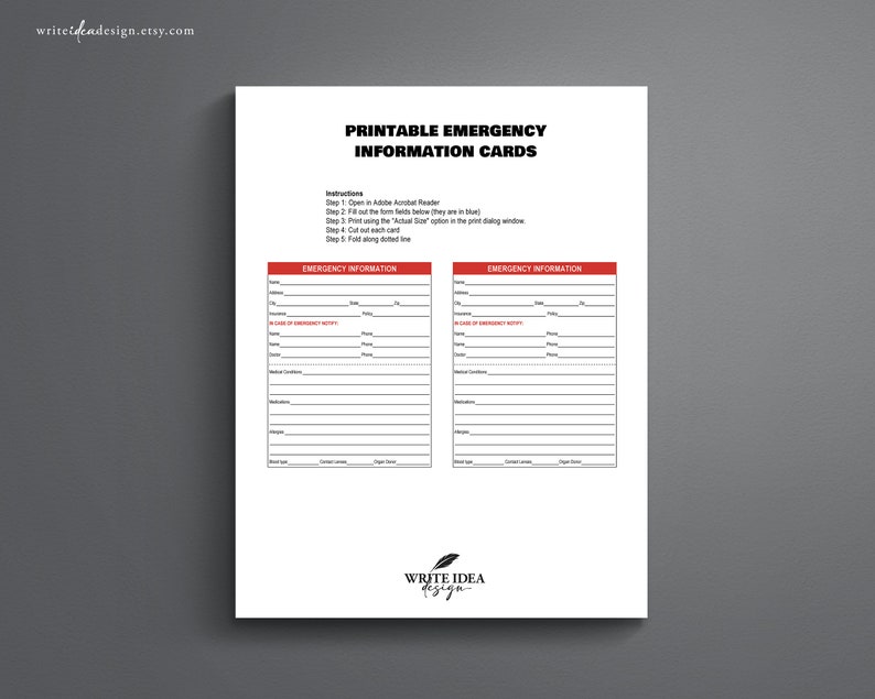 Printable Emergency Information Cards. Medical Alert ID. - Etsy