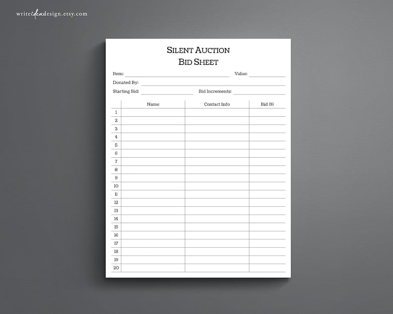 Editable Silent Auction Bid Sheet Template (PDF, Word, Google Docs) - Etsy