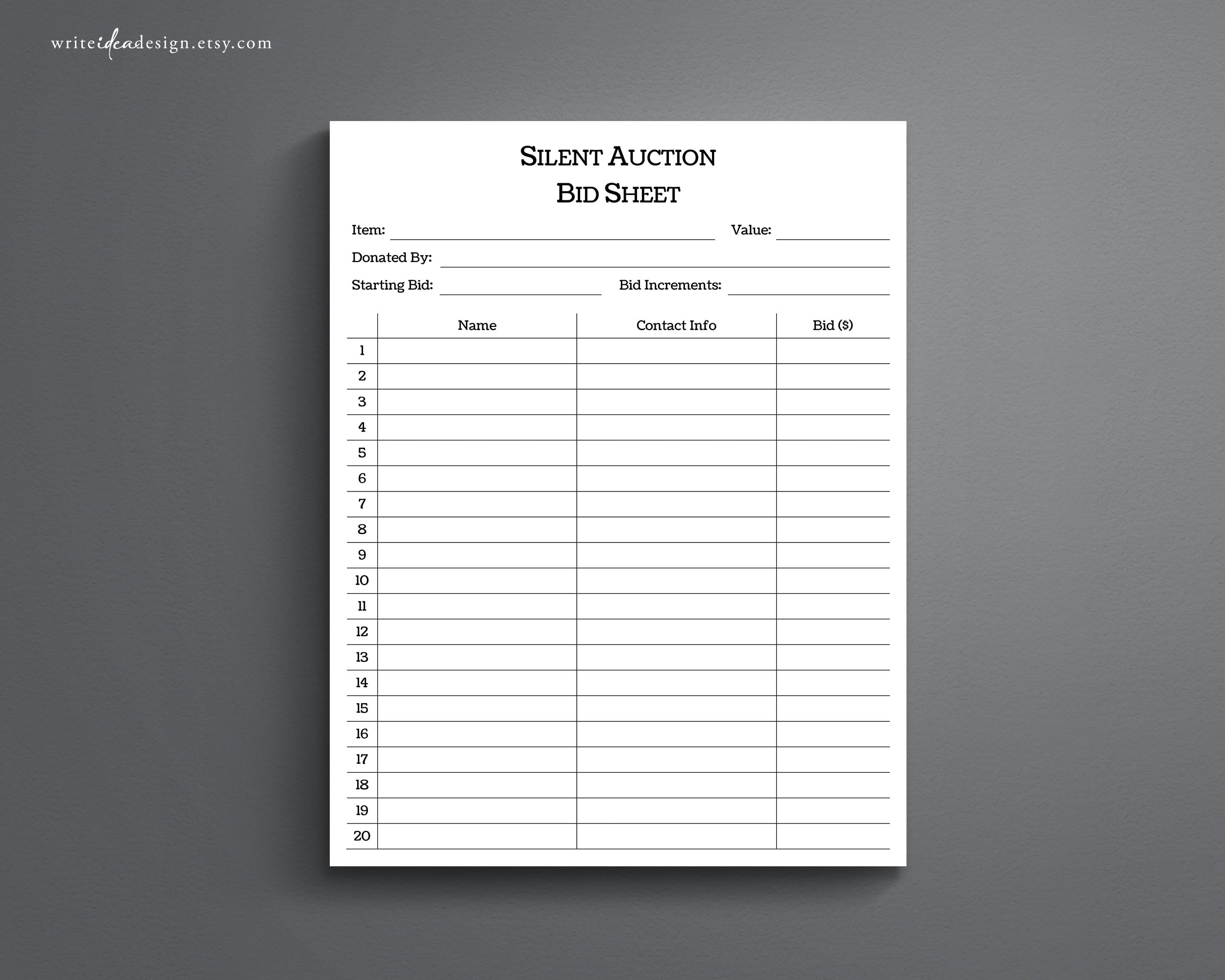 Editable Silent Auction Bid Sheet Template (PDF, Word, Google Docs) - Etsy