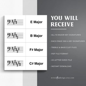 Major Key Signature Flash Cards: Treble & Bass Clef (printable PDF) - Etsy