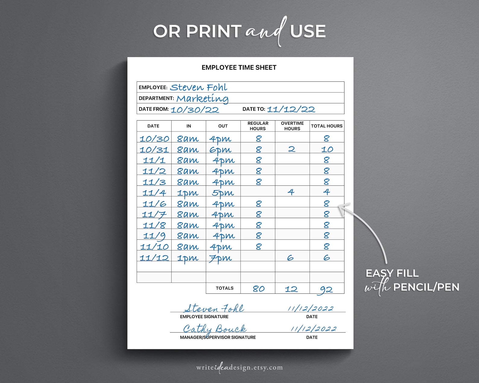Employee Timesheet. Editable Timesheet. Printable Timesheet. - Etsy Canada