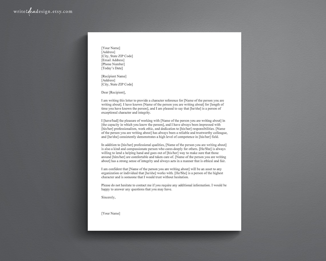 Professional Character Reference Letter Template. Google - Etsy Canada