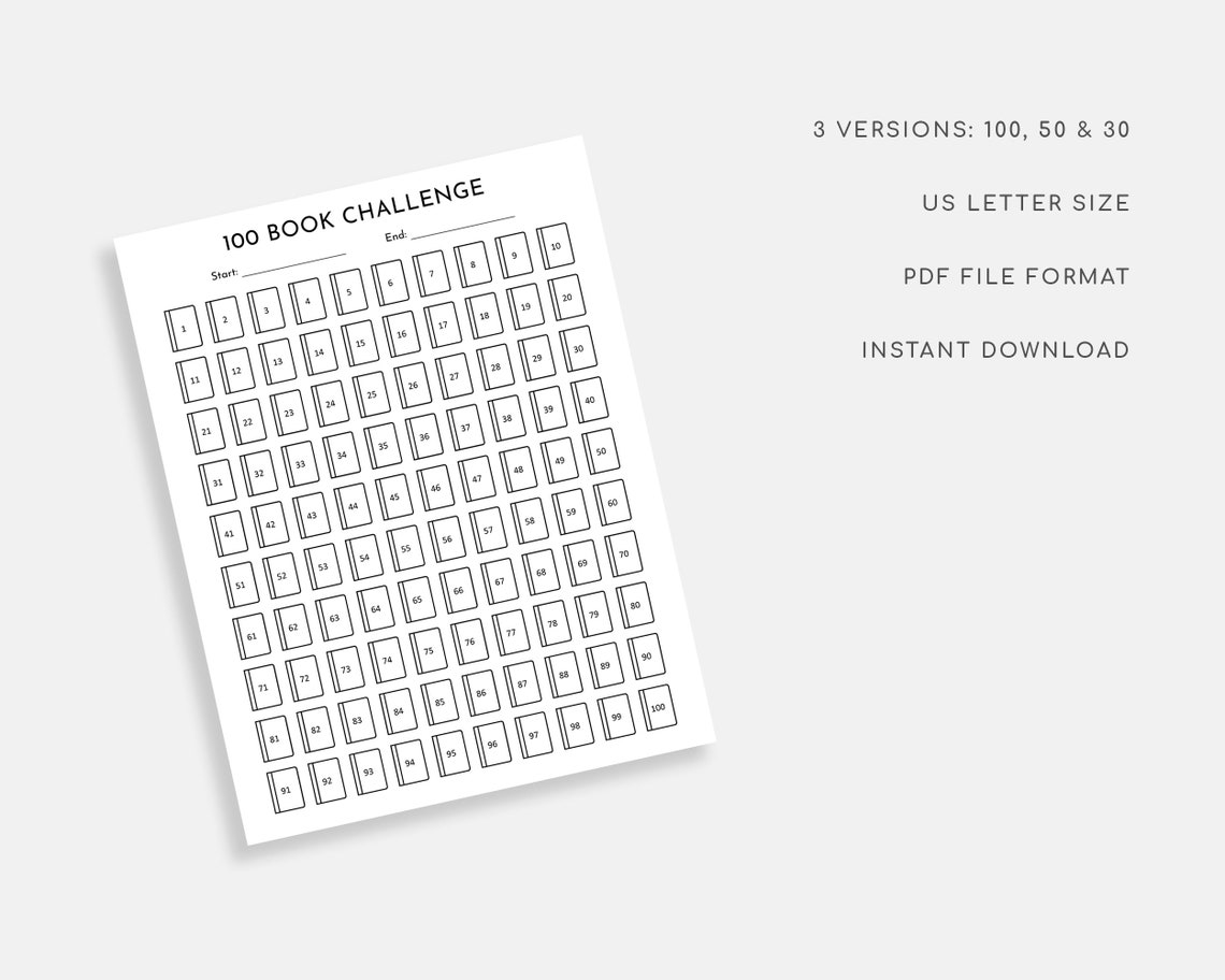 Book Challenge Sheets. 100/50/30. Reading Challenge. Reading - Etsy