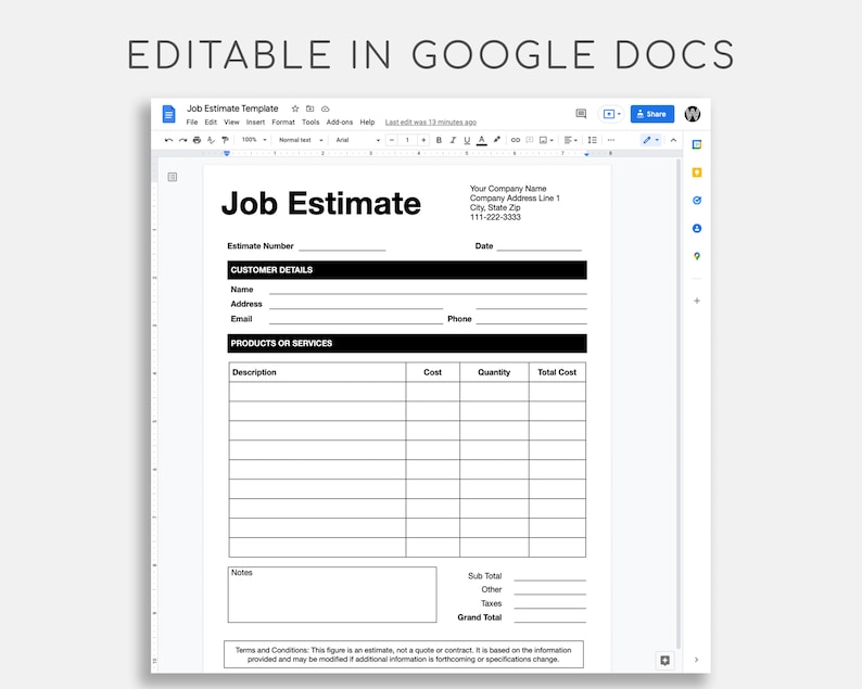 Job Estimate. Pdf/google Docs/microsoft Word. Contractor - Etsy