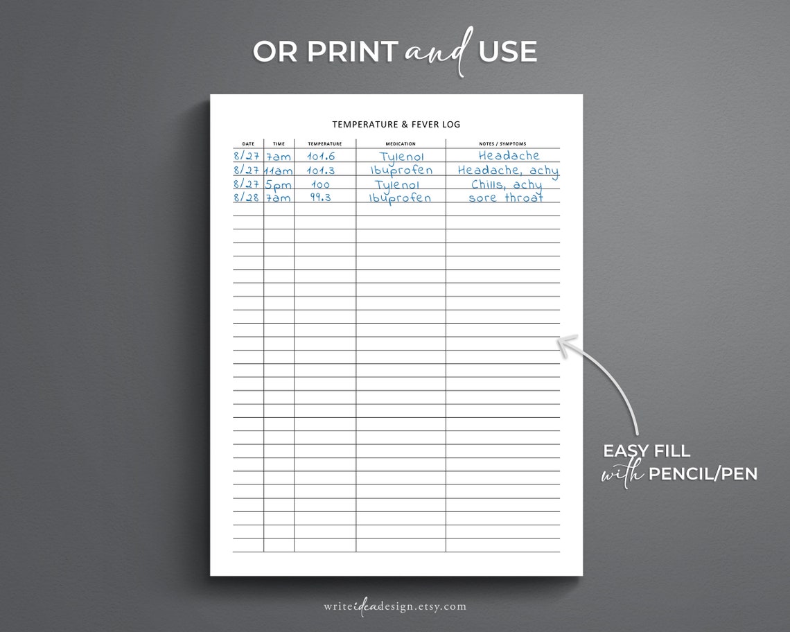 Temperature & Fever Log. Fever Chart. Sick Child Log. Sick - Etsy
