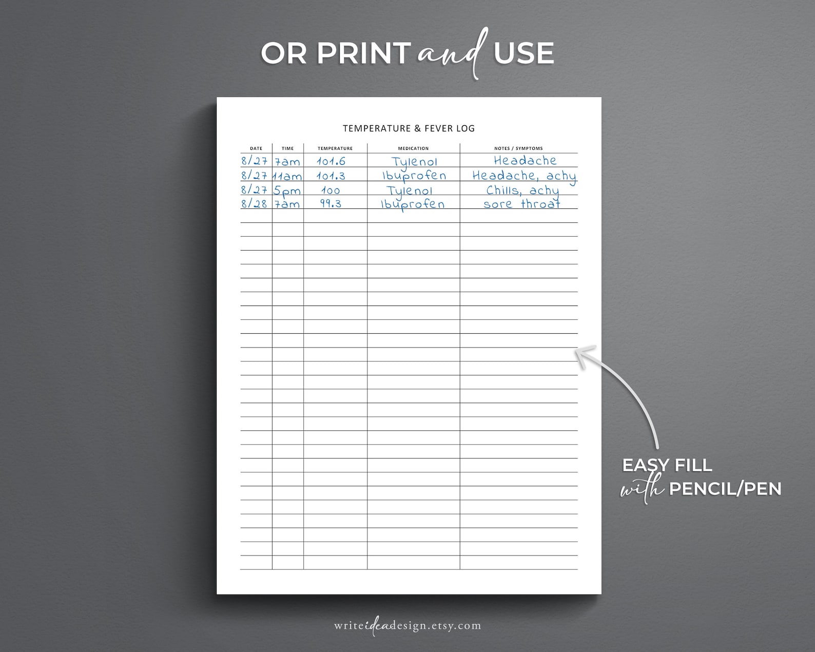 Temperature & Fever Log. Fever Chart. Sick Child Log. Sick Child ...