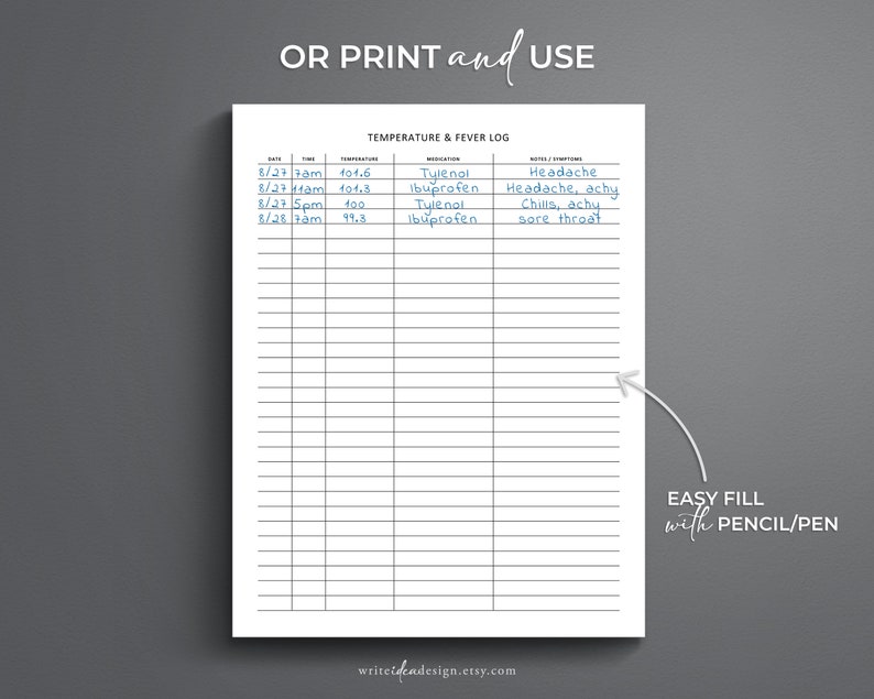 Temperature & Fever Log. Fever Chart. Sick Child Log. Sick - Etsy