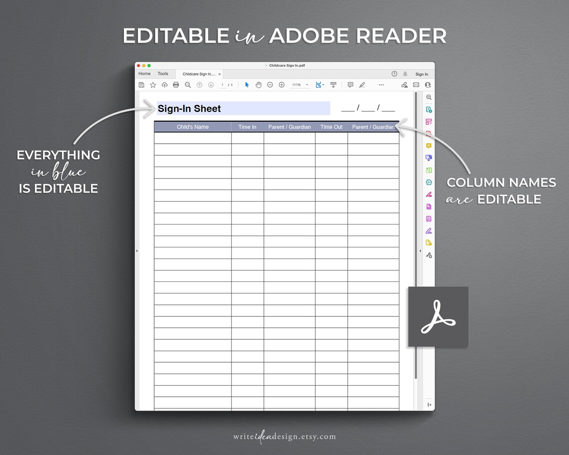 Editable Childcare Sign in Sheet. Daycare Sign In. Nursery Sign In ...