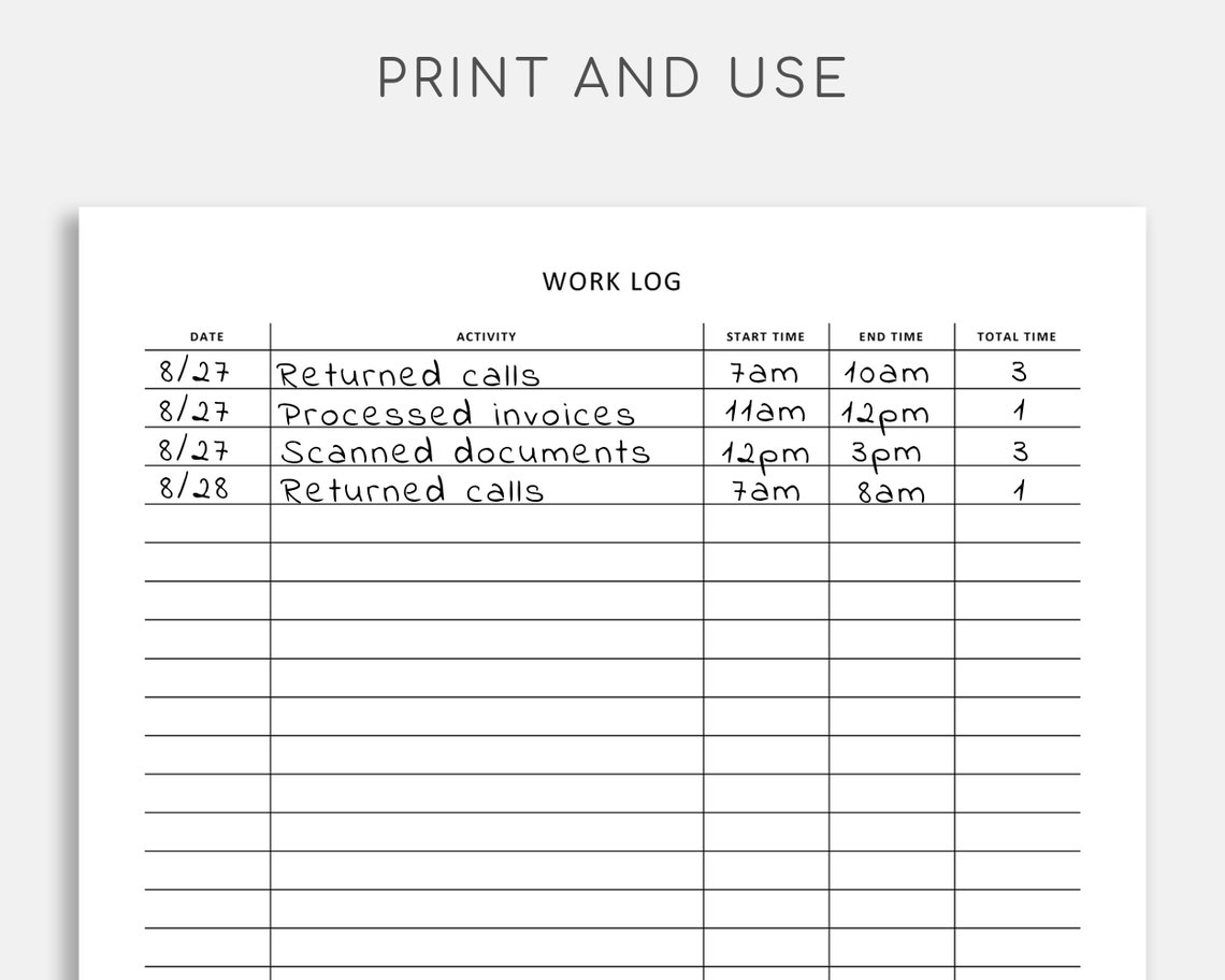 Work Log Printable. Time Log. Time Tracker. Working Hours Log. - Etsy