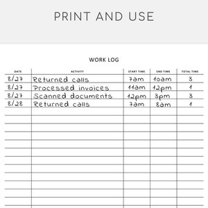 Work Log Printable. Time Log. Time Tracker. Working Hours Log. - Etsy