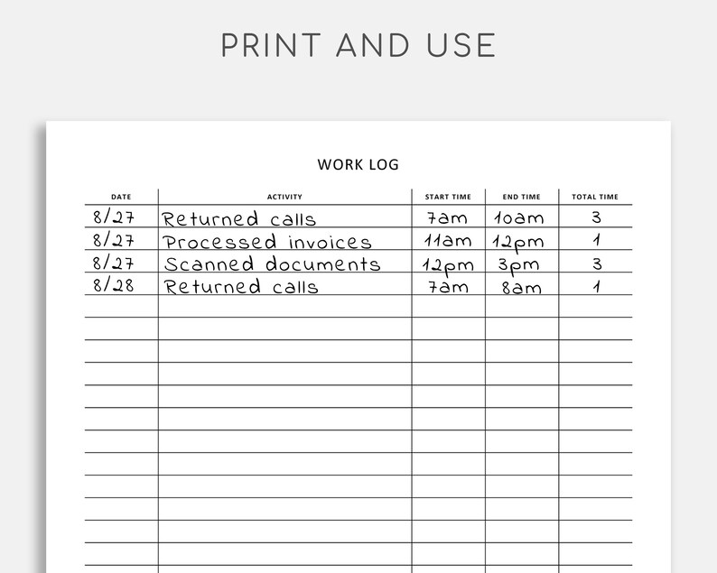 Work Log Printable. Time Log. Time Tracker. Working Hours Log. - Etsy