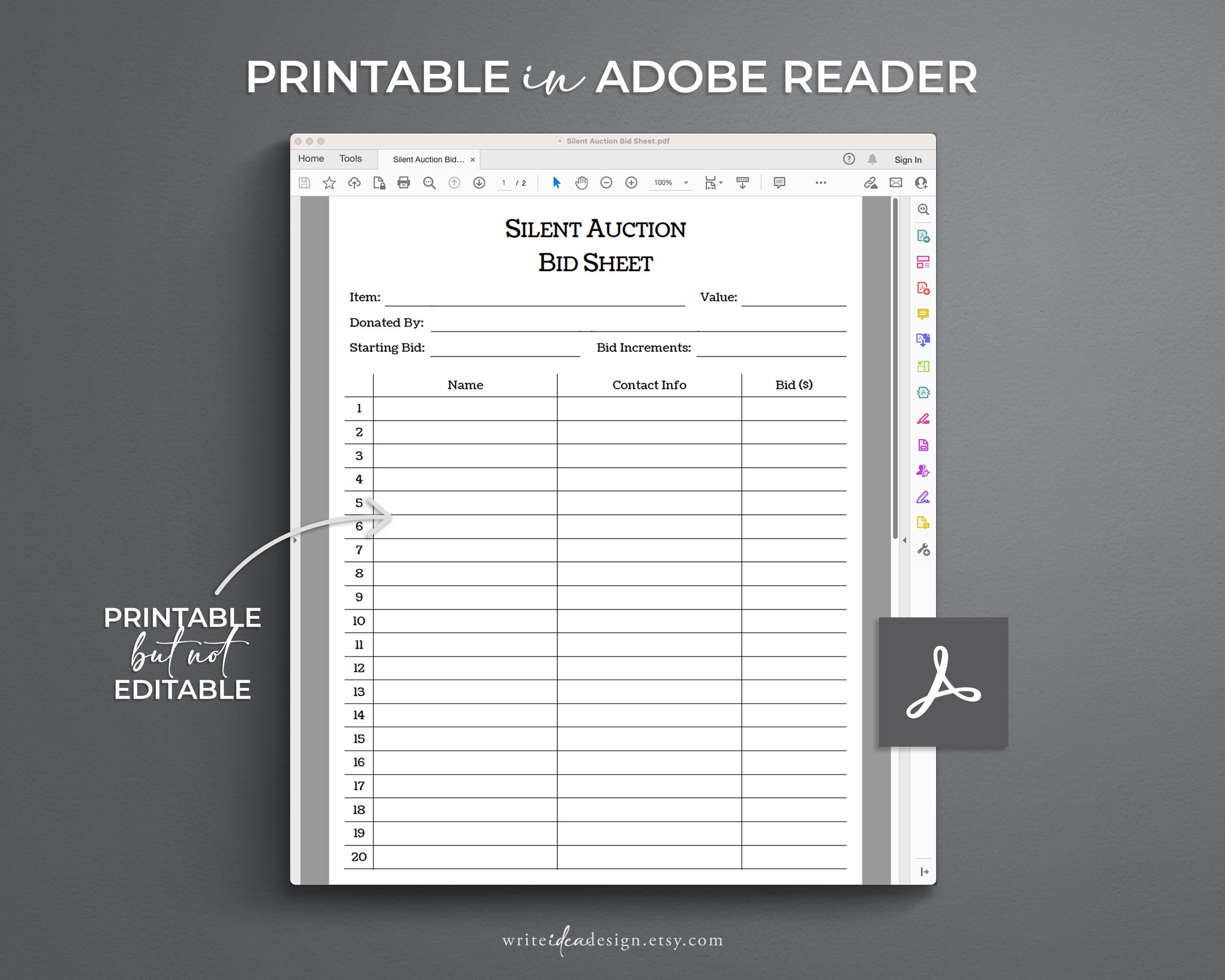 Editable Silent Auction Bid Sheet Template (PDF, Word, Google Docs) - Etsy